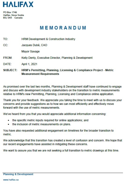 MEMO — HRM's Metric Measurement Requirements - Construction Association ...